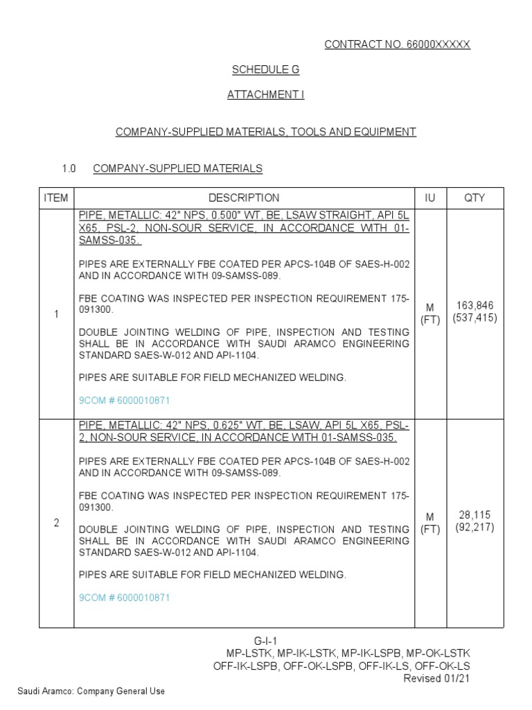 Schedule G - Attachment I-VII 3000953944 | PDF | Pipe (Fluid Conveyance ...