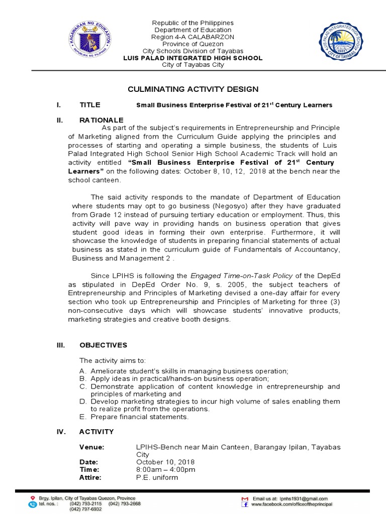 Culminating Activity Proposal (Entrep 2018) | PDF | Curriculum ...