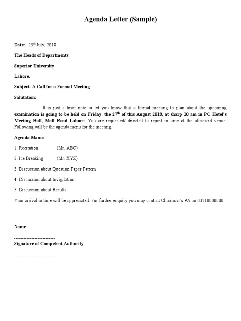 Agenda Letter (Sample) | PDF