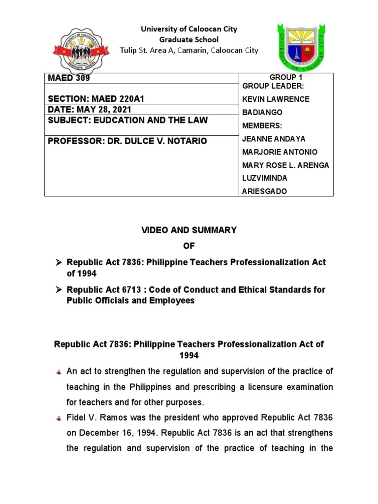 Group 1 Maed 309 - Ra 7836 and Ra 6713 | PDF | Licensure | Applied Ethics