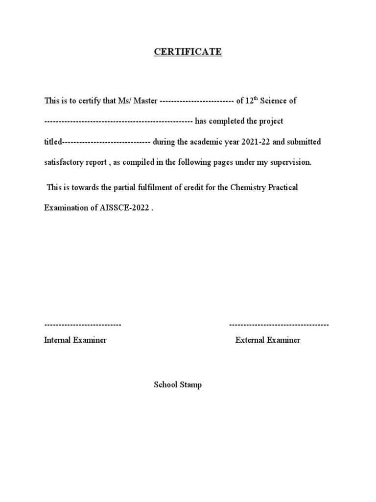 Certificate For Chemistry Project | PDF