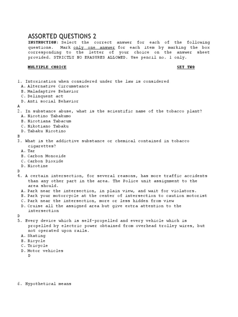 Assorted Questions 2: INSTRUCTION: Select The Correct Answer For Each ...