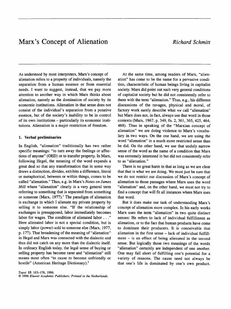 Marx's Concept of Alienation: Richard Schmitt | PDF | Marx's Theory Of ...