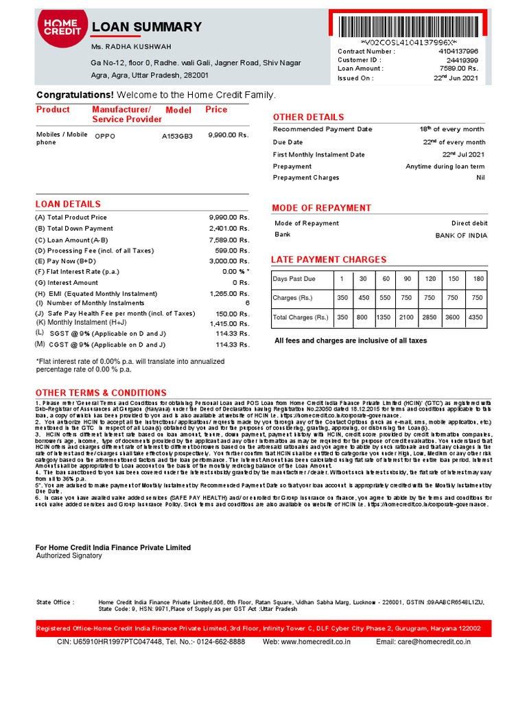 Loan Summary: Congratulations! Welcome To The Home Credit Family | PDF ...