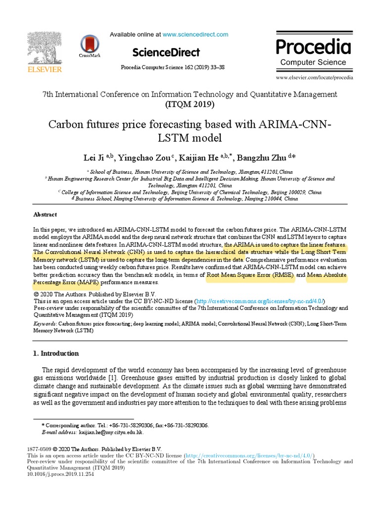 Carbon Futures Price Forecasting Based With Arima Cnnlstm Pdf