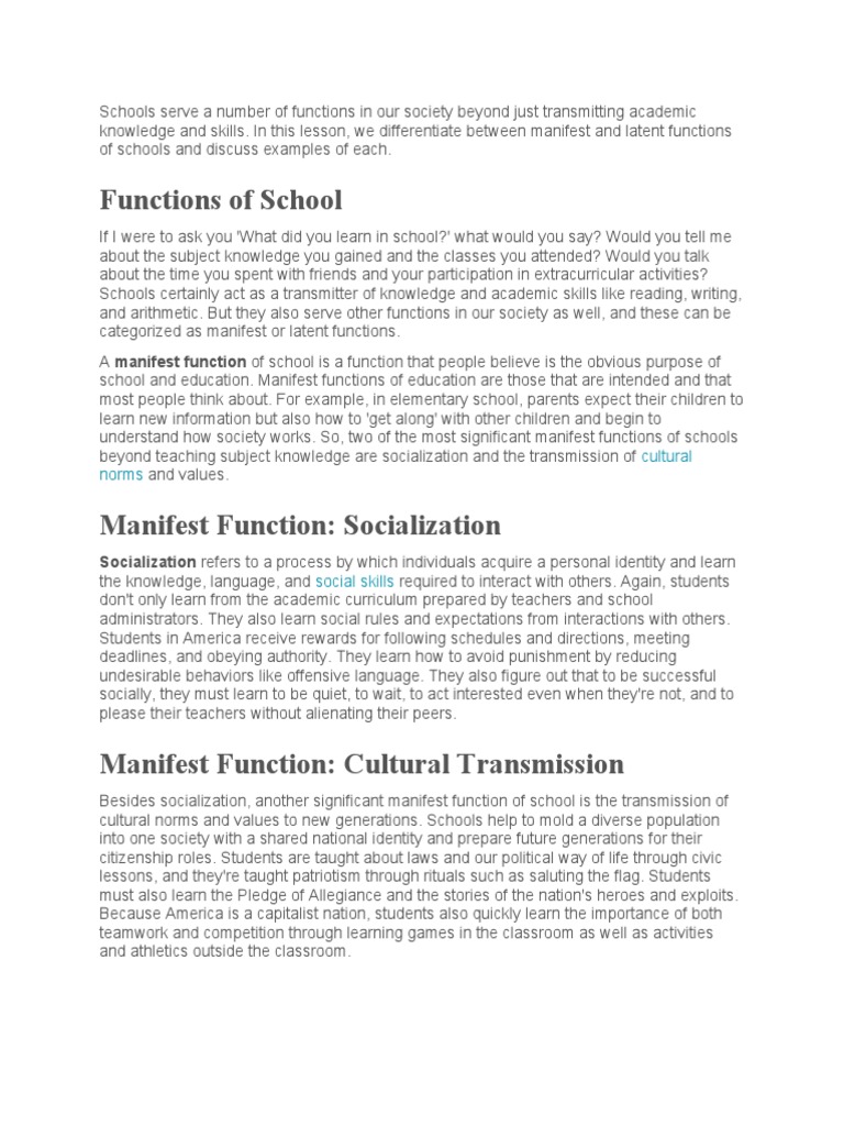 Functions of School: Cultural Norms | PDF | Socialization | Schools