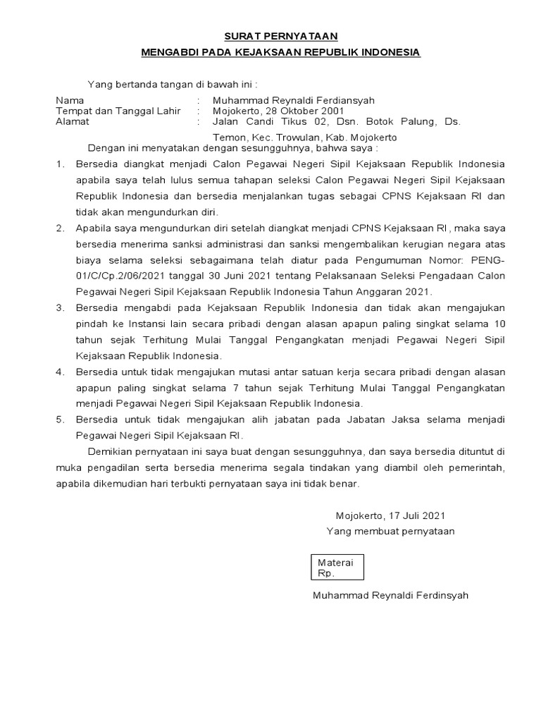 Surat Pernyataan Siap Mengabdi Pada Kejaksaan Ri | PDF