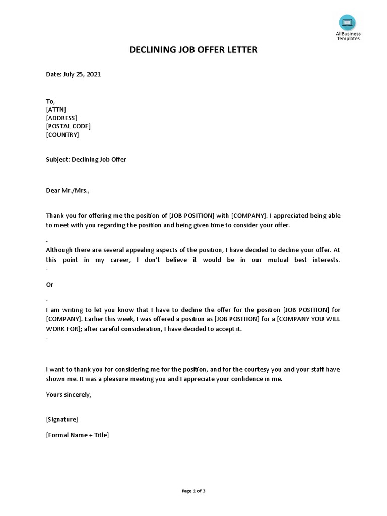 Declining Job Offer Letter | PDF | Communication | Business