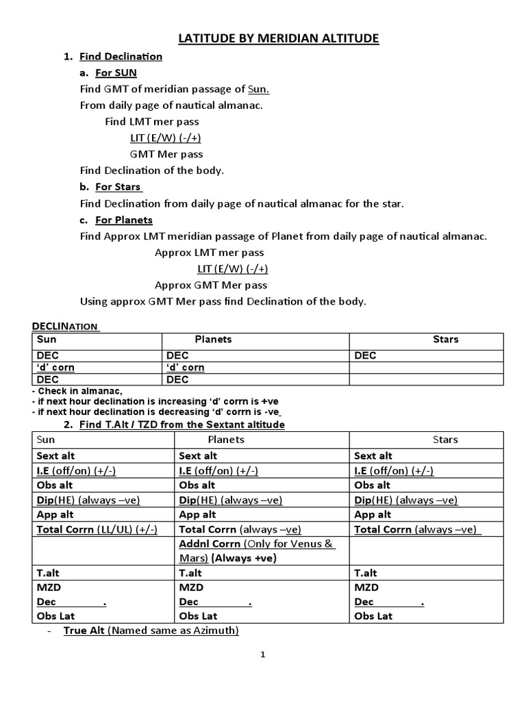 Meridian Altitude and Latitude Calculation | PDF | Latitude | Azimuth