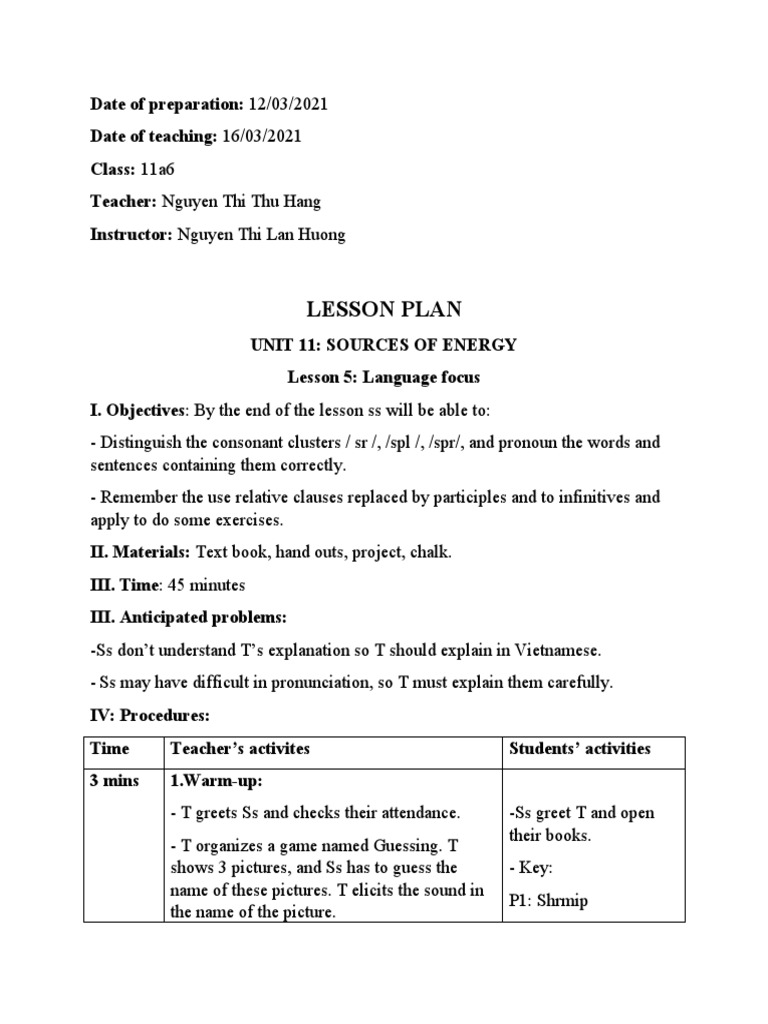 LESSON PLAN - Grade 11 - Unit 11 - Lesson 5 | PDF | Communication ...