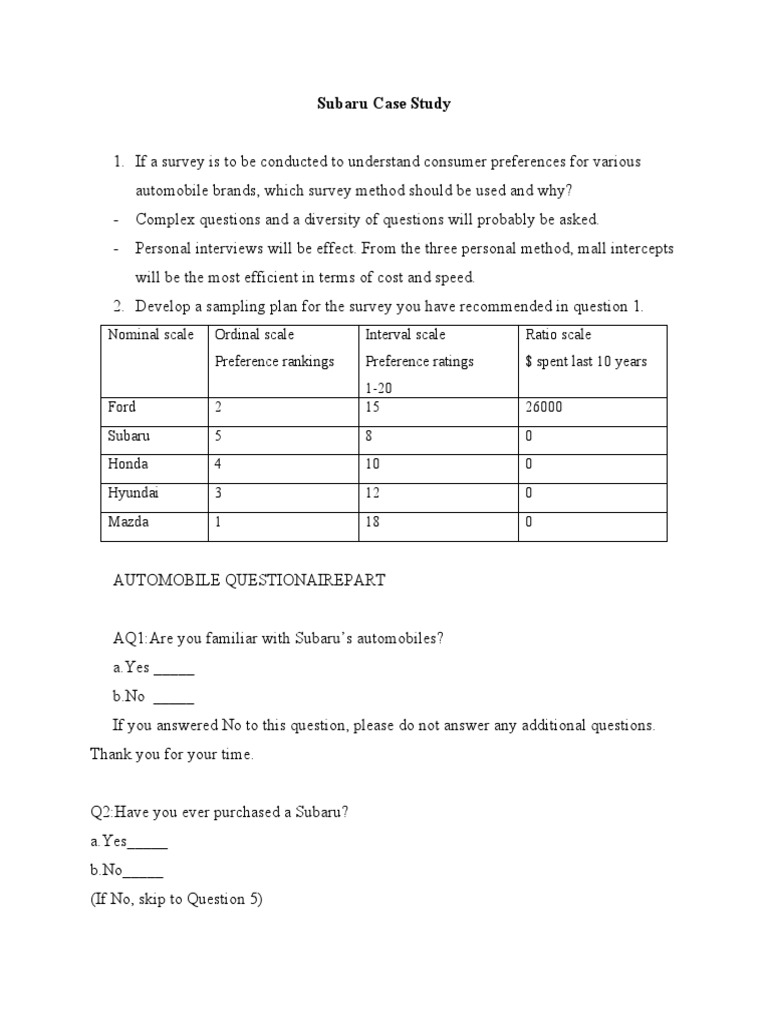 Subaru Case Study Pdf Marketing Research Survey Methodology