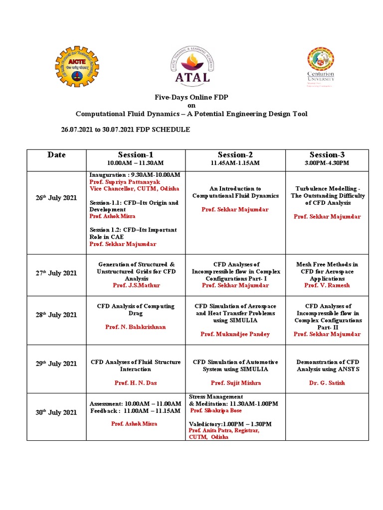 Atal FDP Schedule | PDF | Computational Fluid Dynamics | Fluid Dynamics