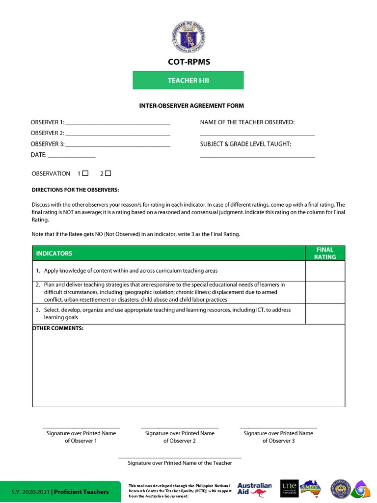 COT-RPMS Inter-Observer Agreement Form For T I-III For SY 2020-2021 in ...