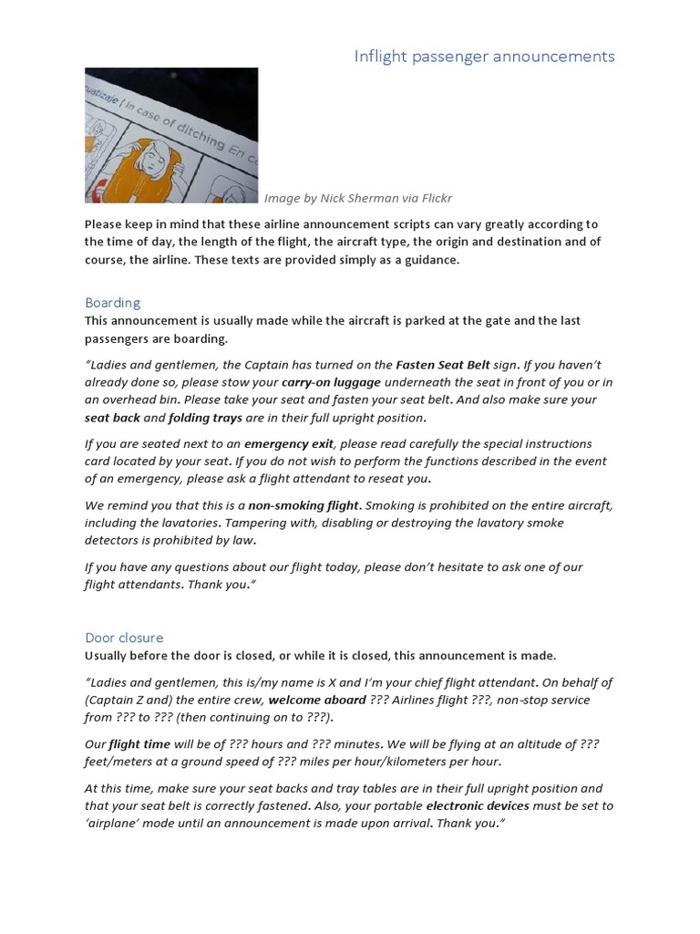 Inflight Passenger Announcement Scripts | PDF | Flight Attendant | Airliner