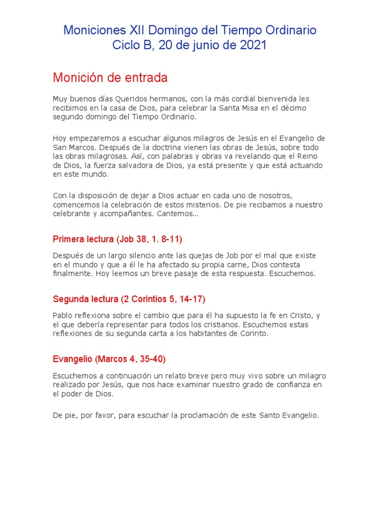 Moniciones XII Domingo Del Tiempo Ordinario Ciclo B | PDF | Misa ...
