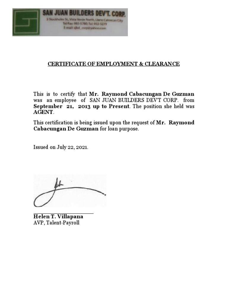 Certificate of Employment & Clearance | PDF | Law