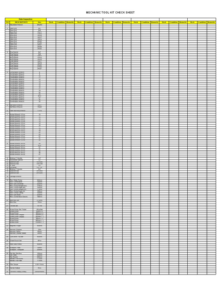 Mechanic Tool Kit Check Sheet | PDF | Metalworking | Equipment