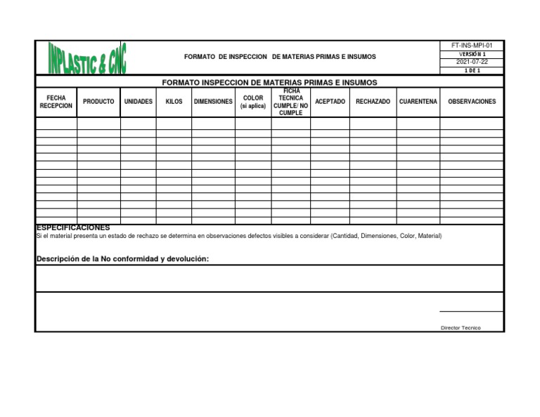 Copia de FT - INS - MPI-01 FORMATO DE INSPECCION MATERIAS PRIMAS E ...
