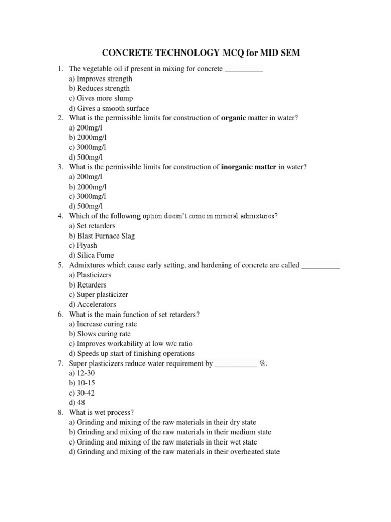 Concrete Technology MCQ: A Comprehensive Collection of Multiple Choice ...
