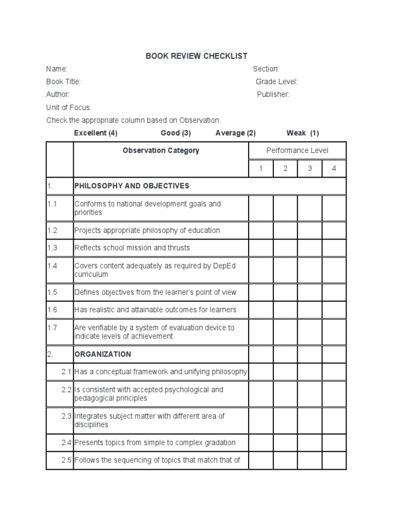 Book Review Checklist | PDF | Curriculum | Concept