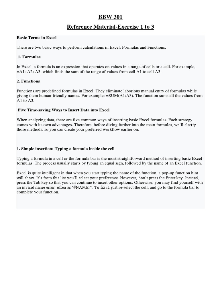 Ex 123 Ref Mat BBW 301 | PDF | Formula | Microsoft Excel