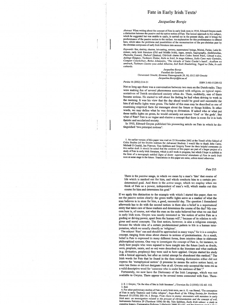 Fate in Early Irish Literature | PDF