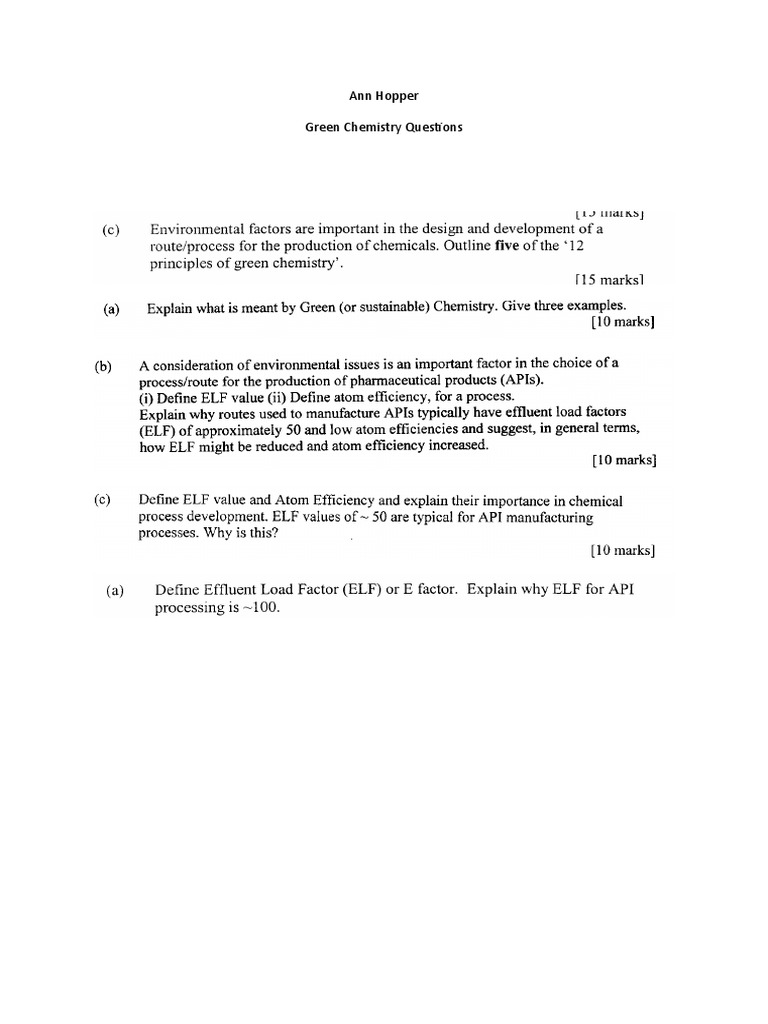 Green Chemistry Exam Questions | PDF