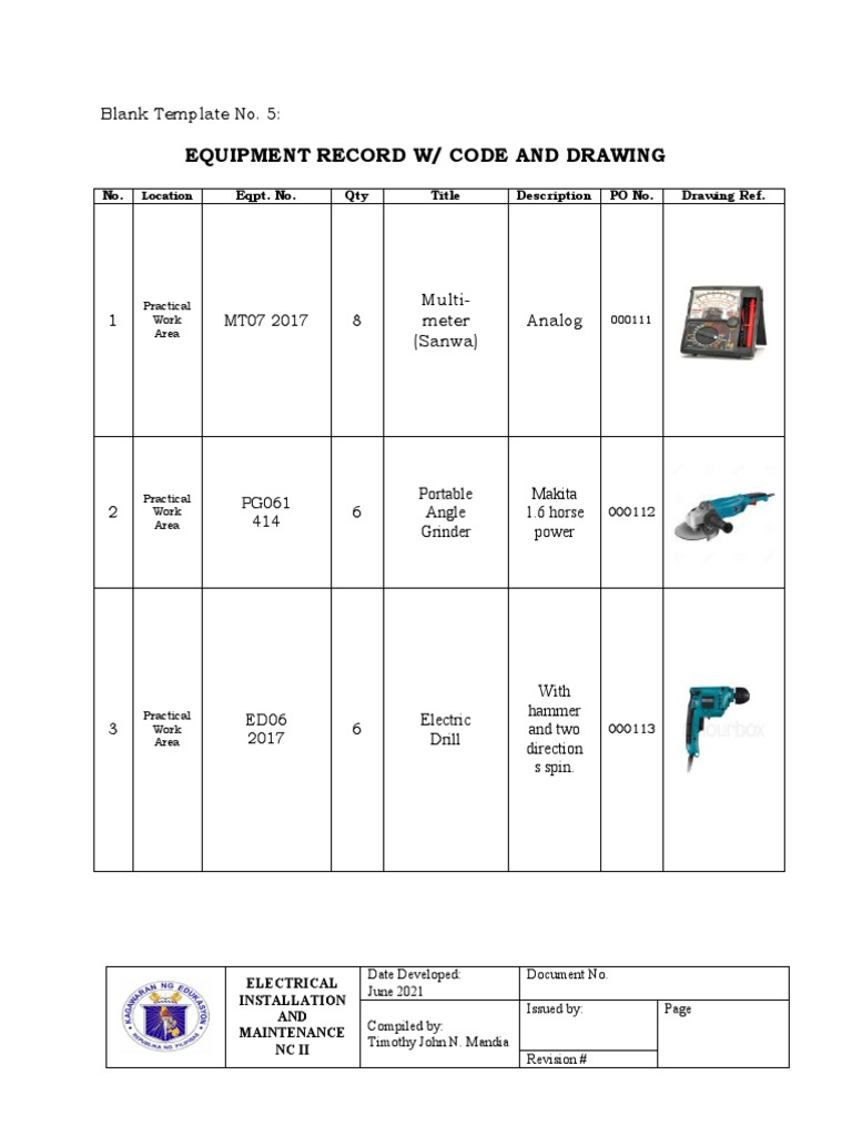 Equipment Record W/ Code and Drawing: Blank Template No. 5 | PDF