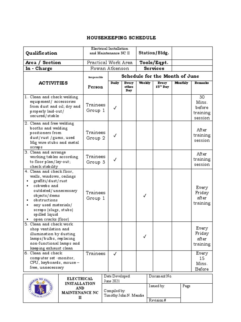 Housekeeping Schedule and Checklist | PDF | Building Engineering | Nature