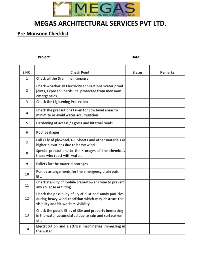 Pre Monsoon Checklist | PDF | Safety | Nature