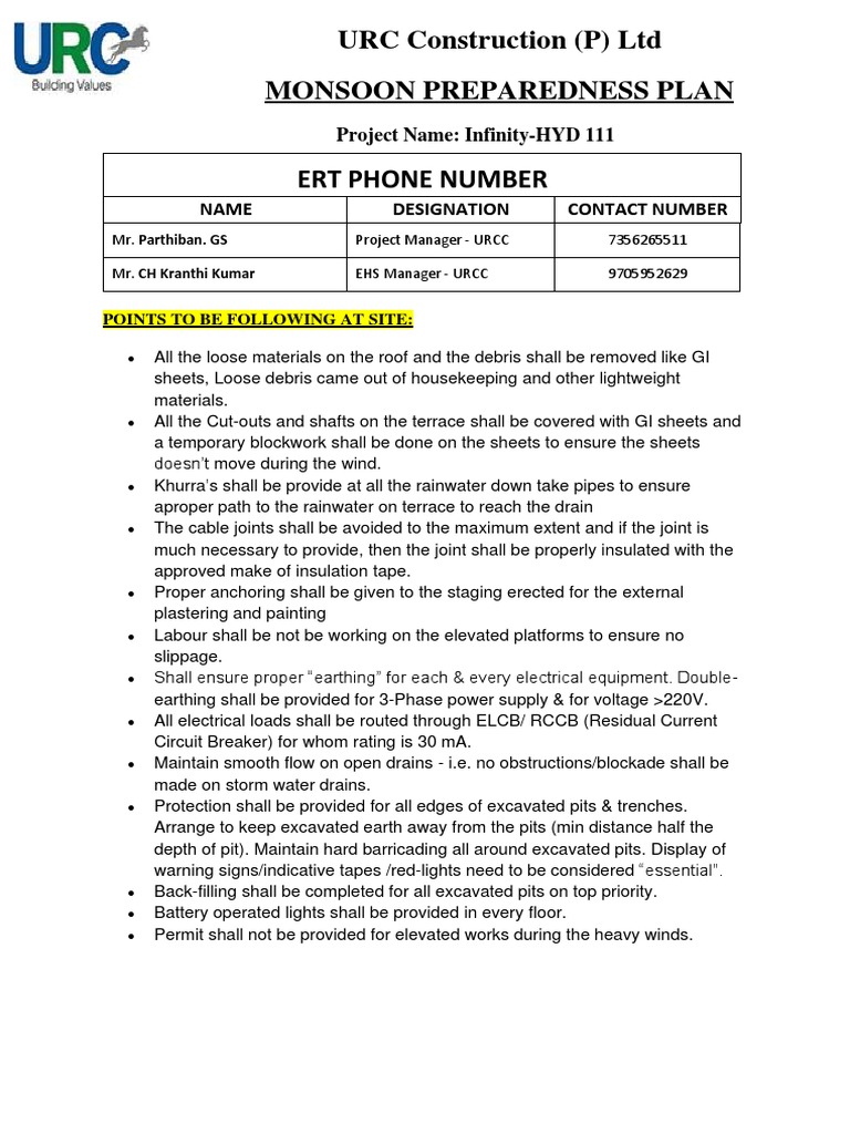 Monsoon Preparedness Plan, Infinity-HYD 111 Project 15-04-2021 | PDF ...