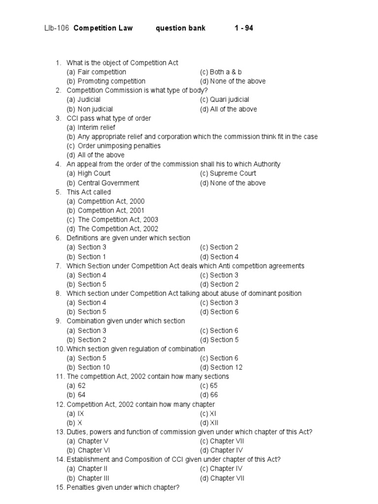 Llb-106 Competition Law Question Bank 1 - 94 | PDF | Justice | Crime ...