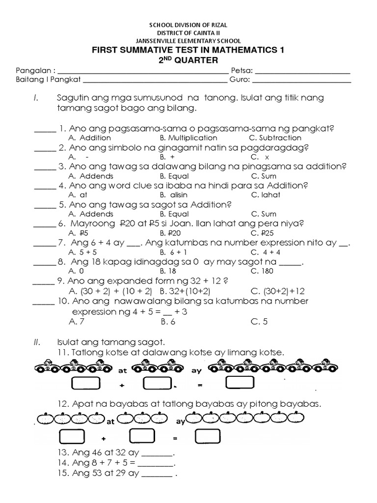 First Summative Test in Mathematics 1 | PDF