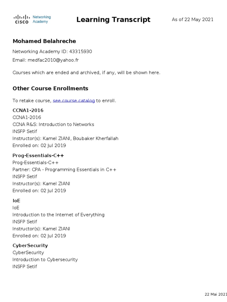 NetAcad Learning Transcript | PDF