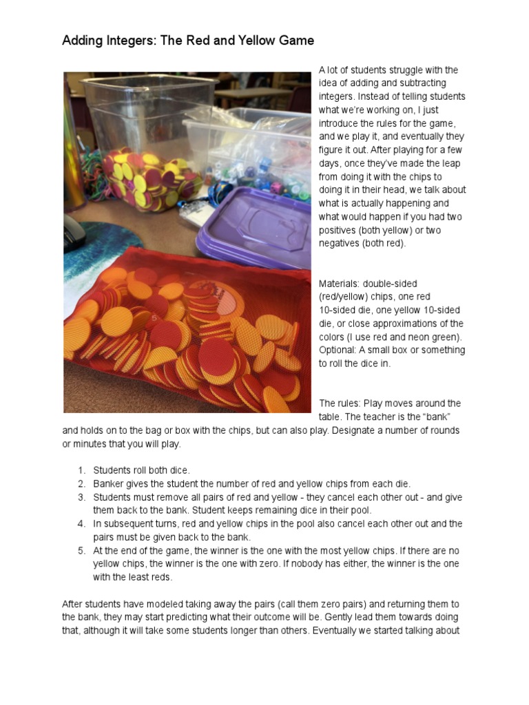 Red and Yellow Chips Integer Game | PDF | Leisure | Teaching Mathematics