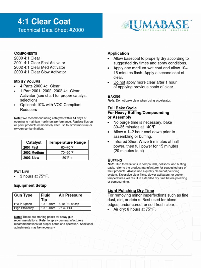 4:1 Clear Coat: Technical Data Sheet #2000 | PDF | Paint | Industrial ...