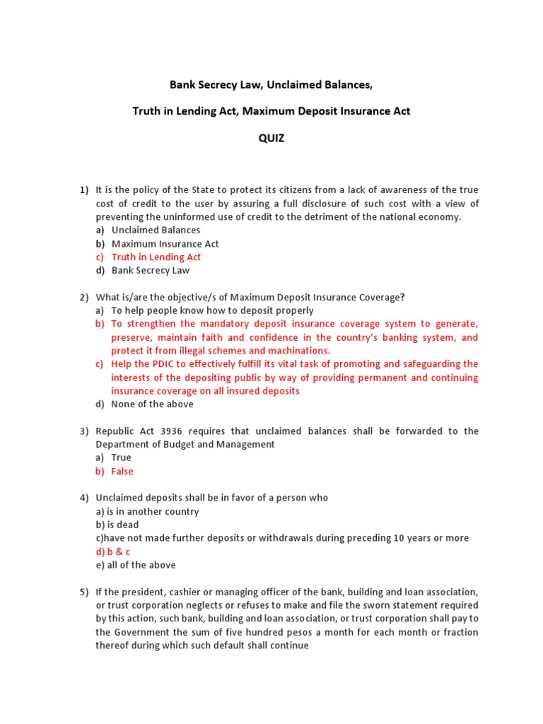 Bank Secrecy Law, Unclaimed Balances, Truth in Lending Act, Maximum ...