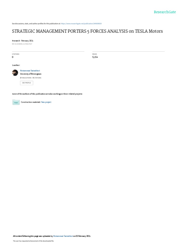 STRATEGIC MANAGEMENT PORTERS 5 FORCES ANALYSIS On TESLA Motors | PDF ...