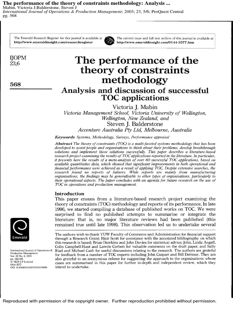 The Performance of The Theory of Constraints Methodology - Analysis and ...