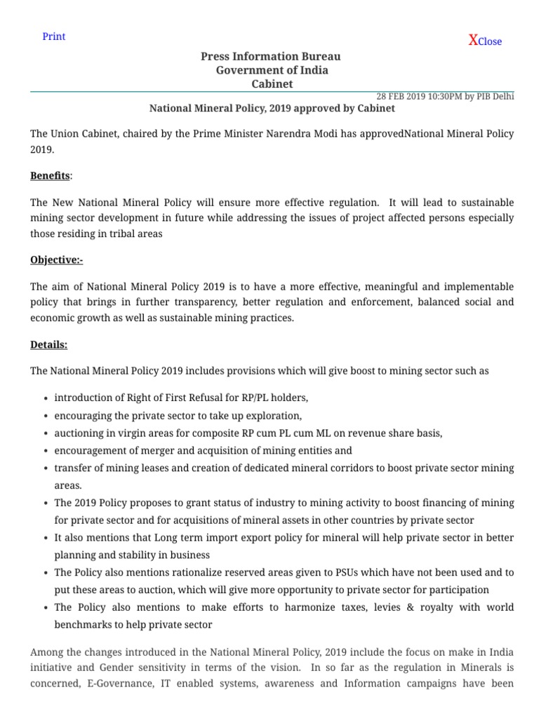 National Mineral Policy, 2019 Approved by Cabinet | PDF | Mining | Taxes