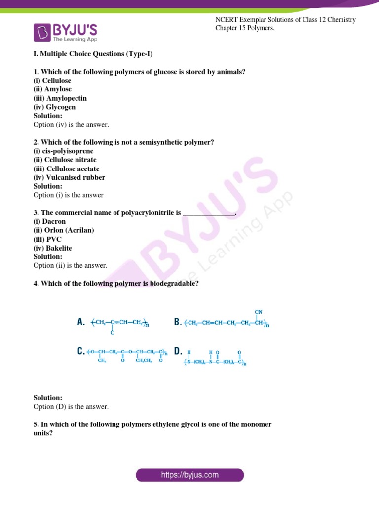 Ncert Exemplar Solutions For Class 12 Chemistry Chapter 15 Polymers | PDF | Polymerization ...