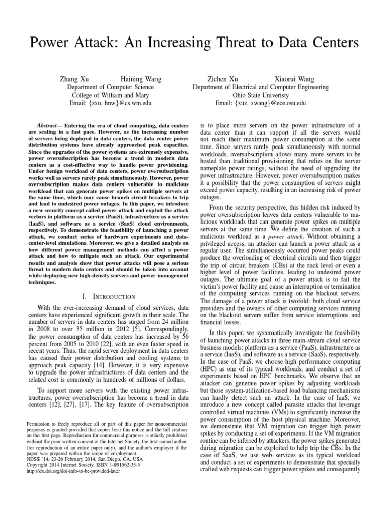 Power Attack: An Increasing Threat To Data Centers: Zhang Xu Haining ...