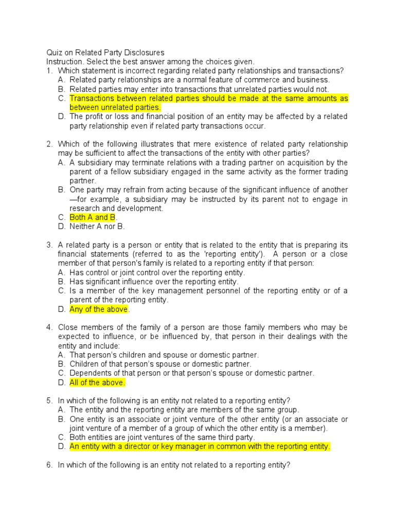 Quiz-on-Related-Party-Disclosures Answe | PDF | Guarantee | Business
