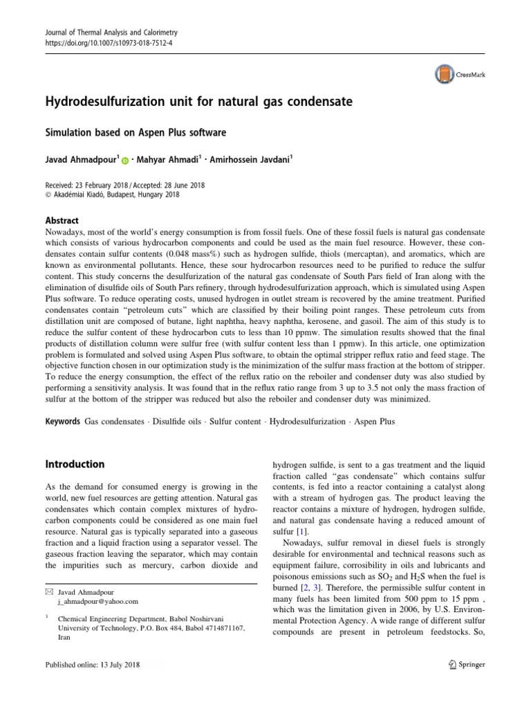 Hydrodesulfurization Unit For Natural Gas Condensate: Simulation Based ...