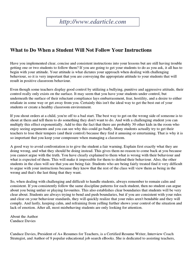 What To Do When A Student Will Not Follow Your Instructions | PDF ...