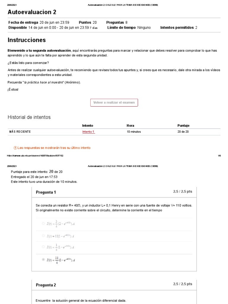 Autoevaluacion 2 - Calculo para La Toma de Decisiones (13098) | PDF | Ecuaciones | Toma de ...