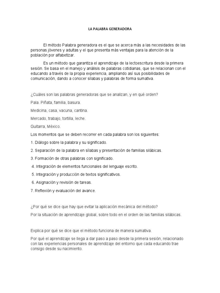 Método Palabra Generadora en Alfabetización | PDF