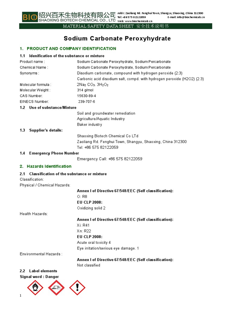 Sodium Percarbonate Msds | PDF | Fires | Personal Protective Equipment Sodium Percarbonate Msds | PDF | Fires | Personal Protective Equipment