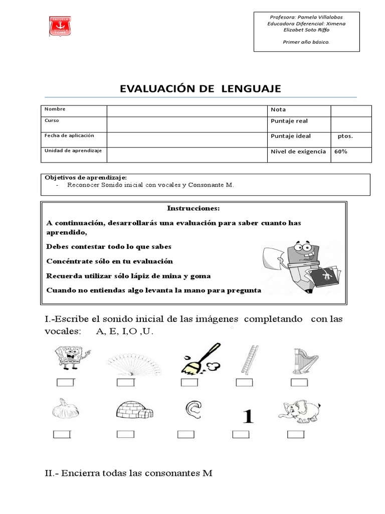 Evaluación de lenguaje para primer año básico sobre reconocimiento de ...