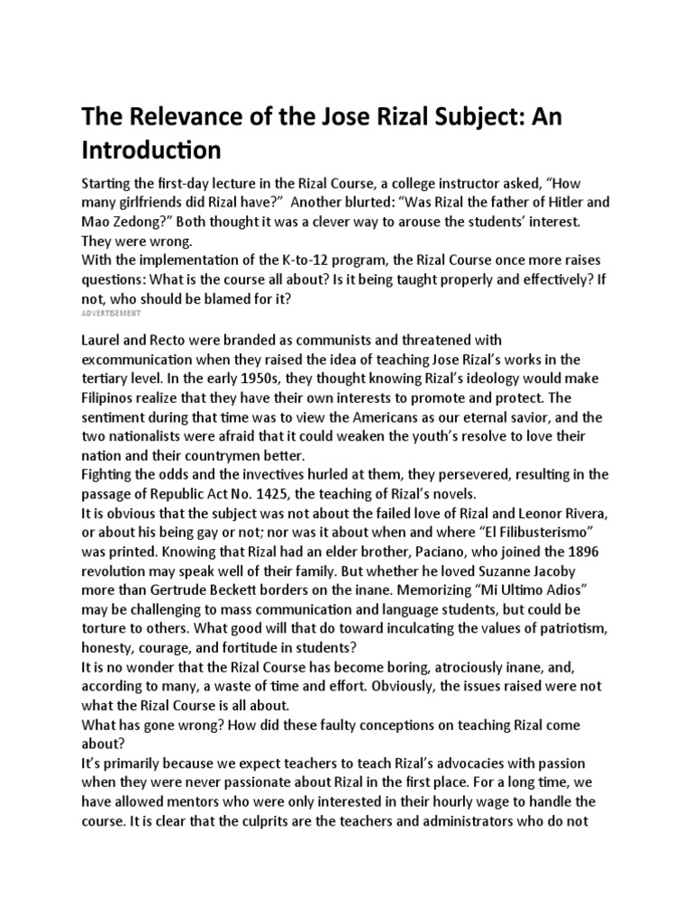 The Relevance of The Jose Rizal Subject: An: Advertisement | Download ...